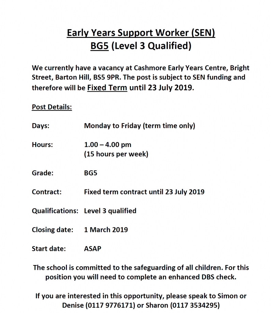 Job advert - St Philips Marsh Nursery School