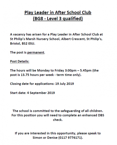 Job advert for Play Leader | St Philips Marsh Nursery School